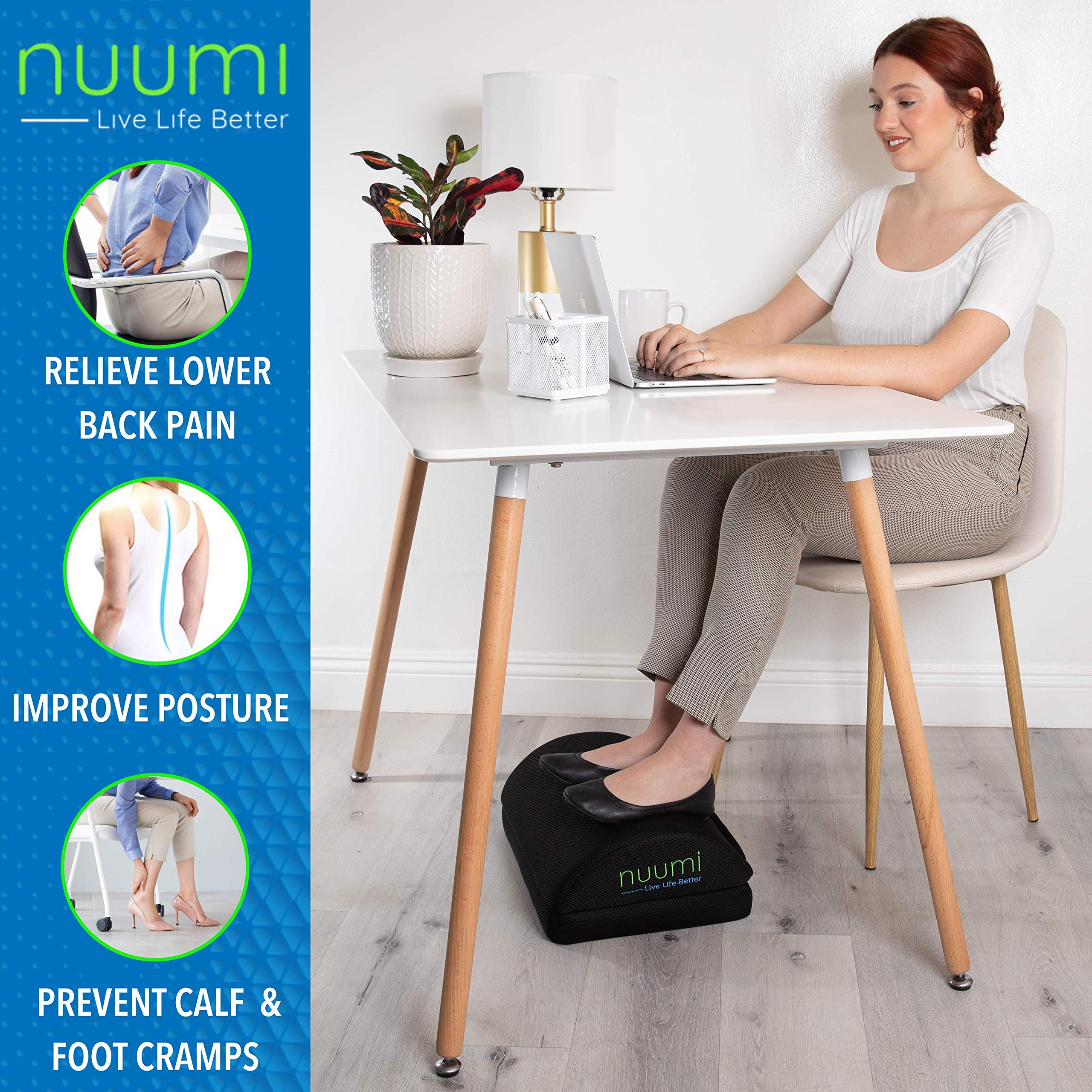 Nuumi Under Desk Foot Rest – Adjustable Height Memory Foam Ergonomic Footrest Rocker Stool for Elevation, Office Gaming Chair, Work, Airplane – Non Slip Ottoman Cushion for Back & Leg Pain Relief