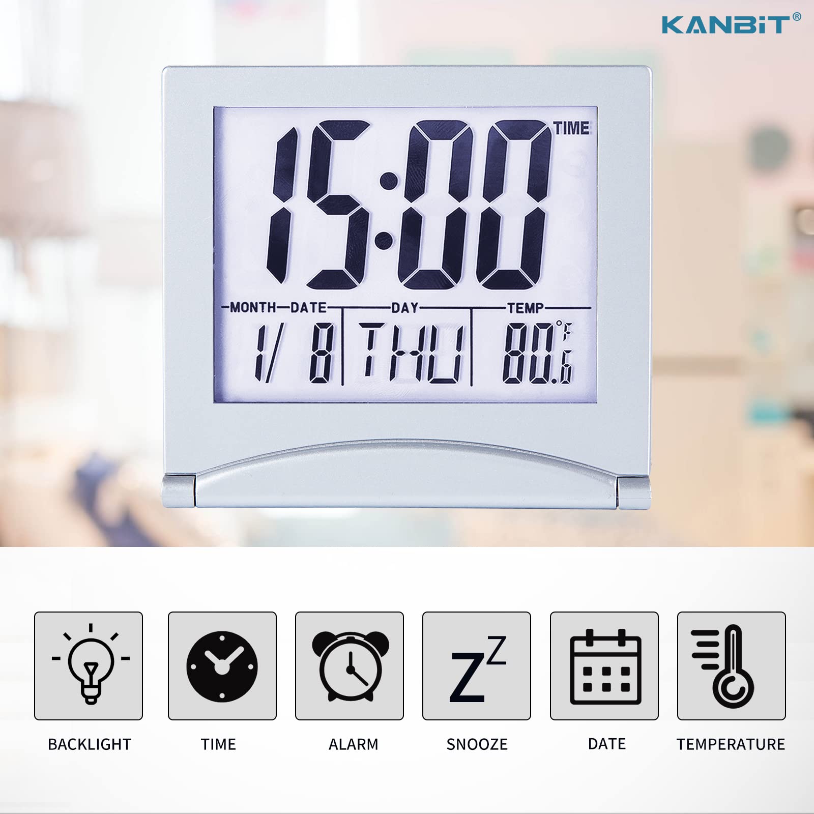 KANBIT Small Digital Travel Alarm Clock Battery Operated, Portable Large Number Display Loud Alarm Clock with Temperature, Night Backlight, 12/24 H Desk Clock -Silver (White Light)