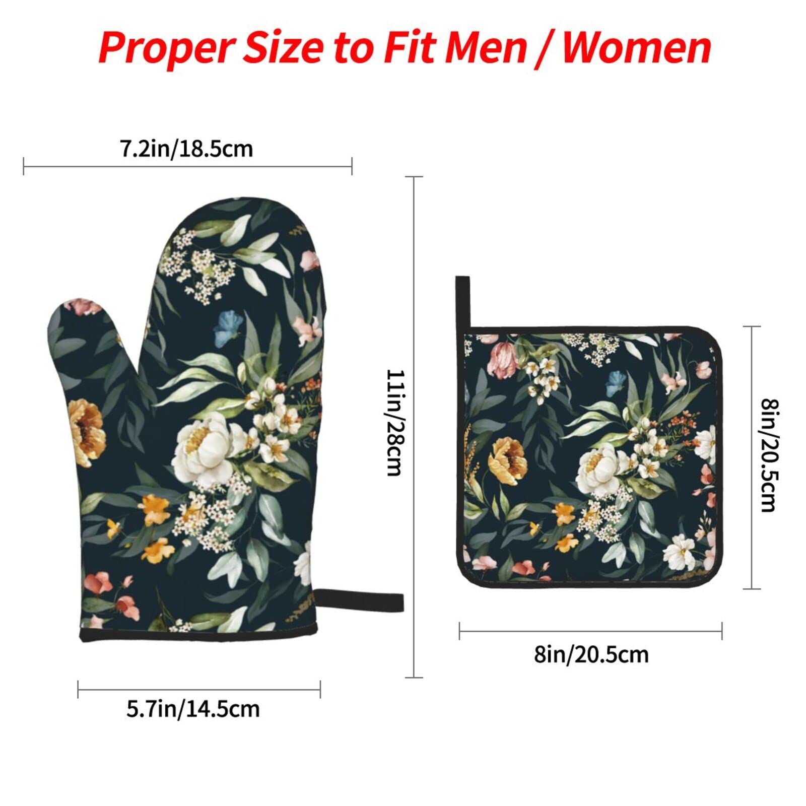 Oven Mitts and Pot Holders Sets 4 Piece, Floral Green Leaves Pattern Oven Gloves Heat Resistant Non-Slip for Kitchen Cooking Grilling Baking