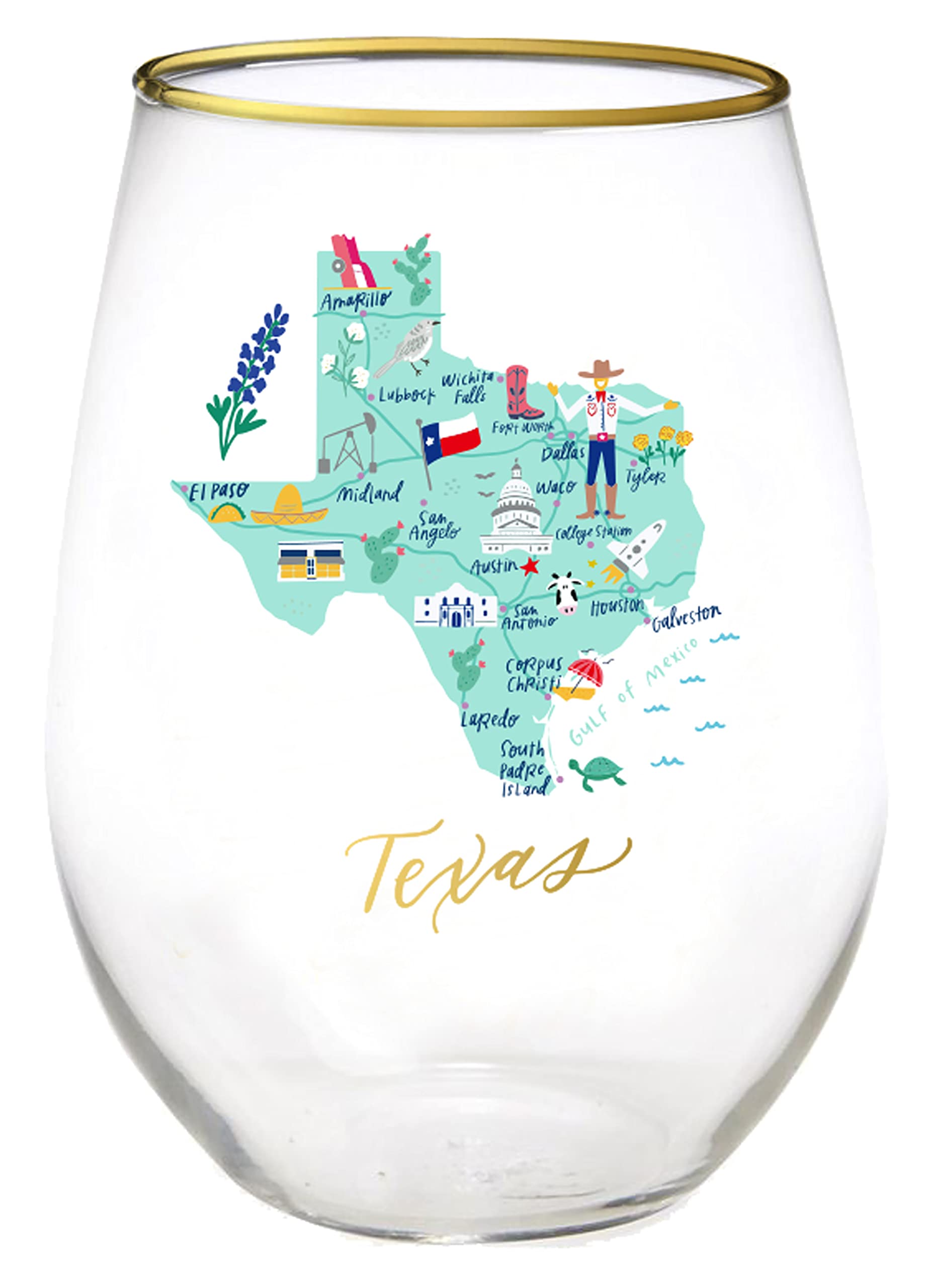 Mary Square State of Texas Gold Foil 16 ounce Glass Stemless Wine Glass