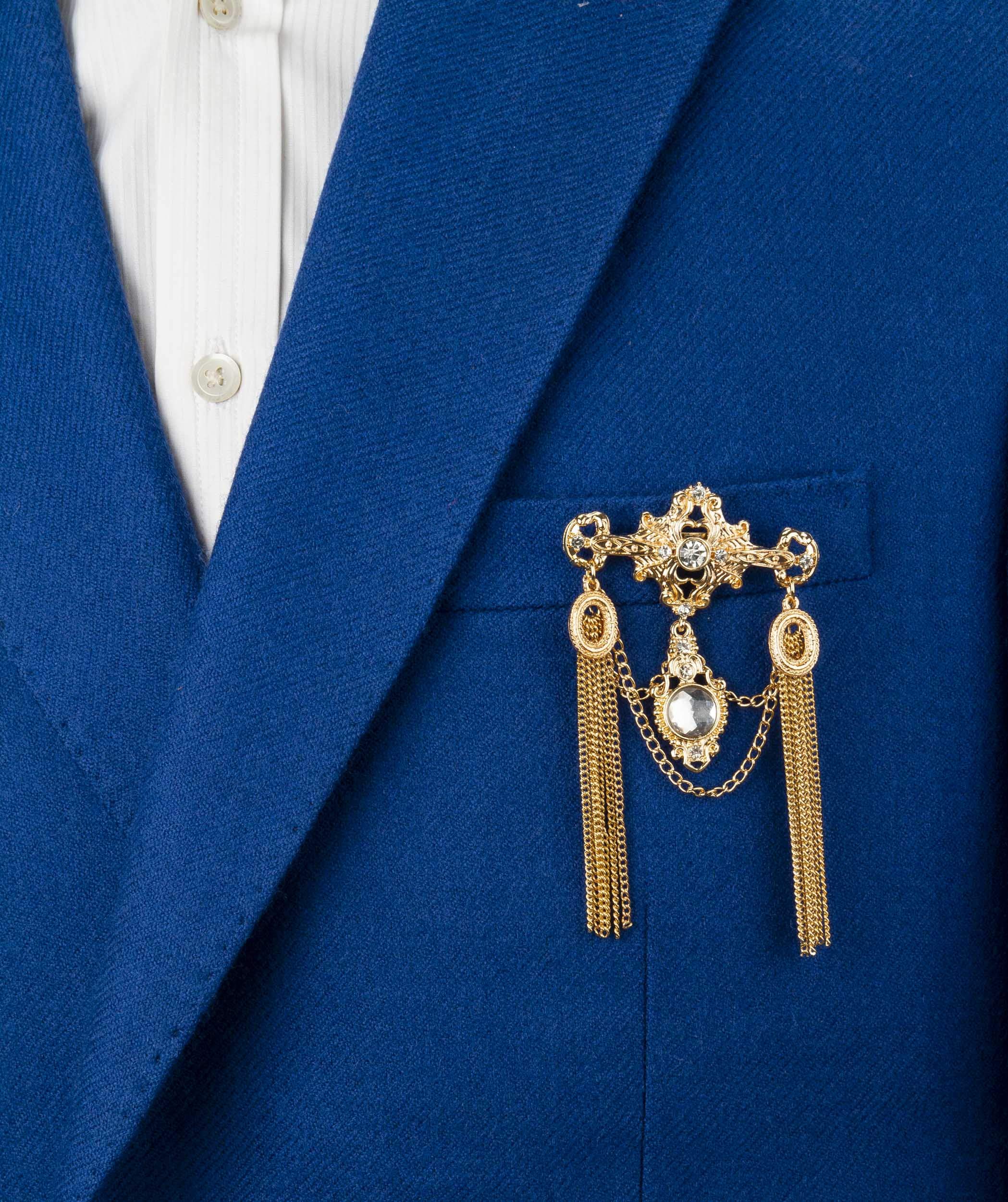 Knighthood Brooch Pin Royal Gold Engraved Shimmery Stone And Chain Brooch Suit Stud Lapel Pin Accessories for Men Women