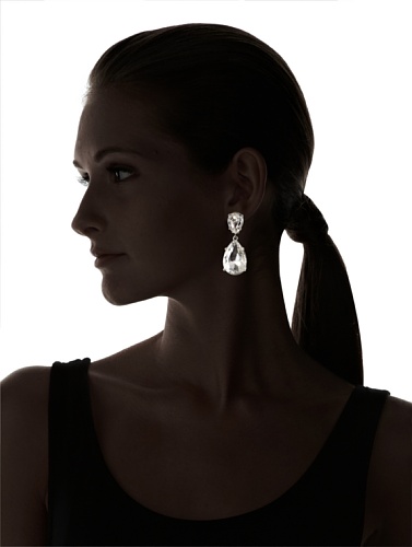 Kenneth Jay Lane Double Teardrop or Rectangle Crystal Drop Clip Earrings in Gold or Silver Settings (Silver Teardrop)