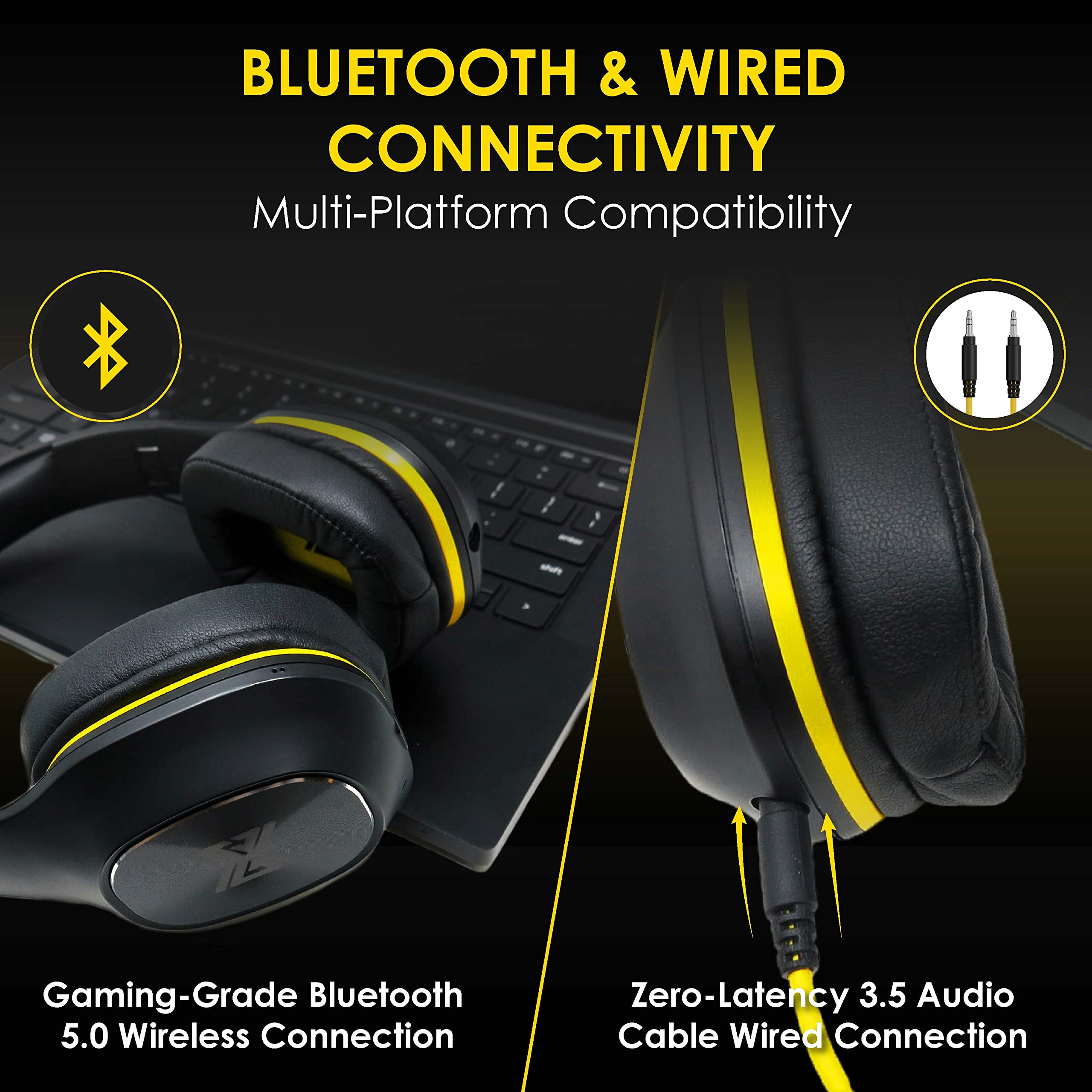MGC Nomad Bluetooth Gaming Headset, Wireless/Wired Gamer Headphone, 24-Hour Battery Life, Over Ear Design, Superior 3D Game Sound, Low Latency, HD Microphone, PC/Mobile/Laptop/Console Gaming Systems
