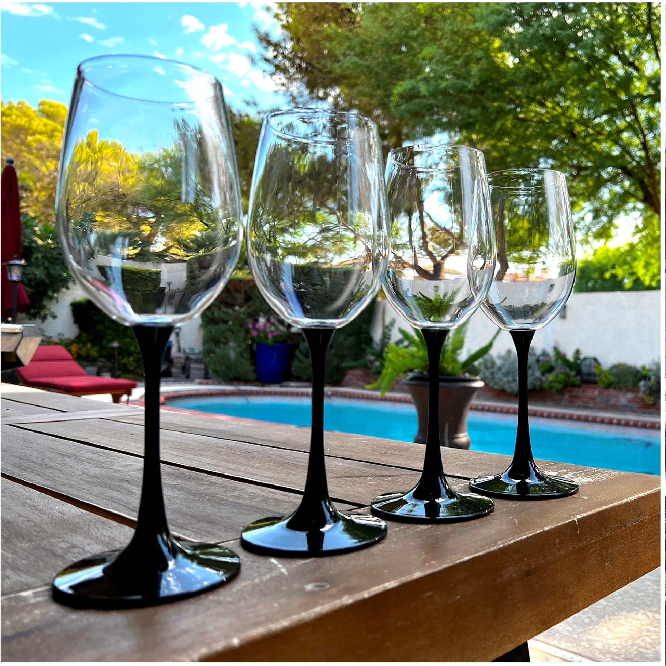 Lily's Home Unbreakable Stemmed White Wine Glasses, Made of Non Breakable Shatterproof Plastic, Indoor and Outdoor Drinkware, Reusable and Dishwasher-Safe, 13 oz. Each, Set of 4 (Black Stem)