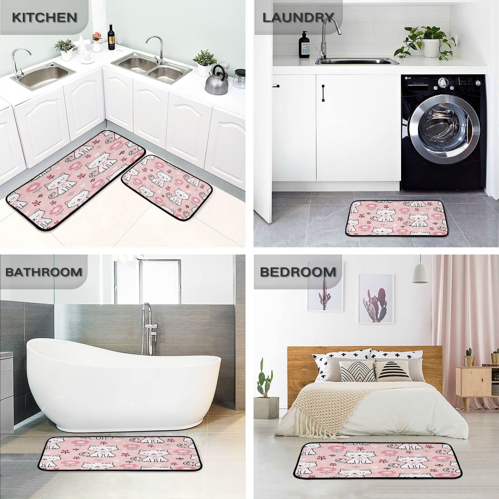 Pink Cat Flower Kitchen Rug Mats 2PCS Non Slip 47" x 20" + 28" x 20" Kitchen Carpet Floor Mat Hallway Rugs Anti Fatigue Doormat