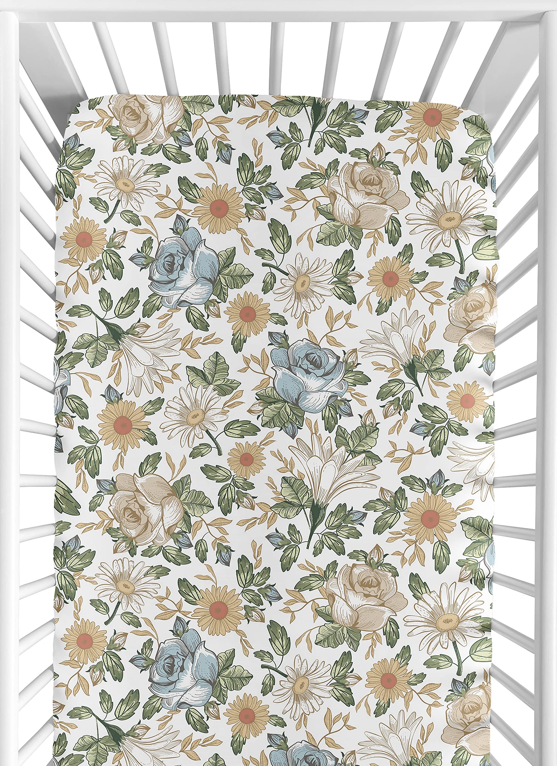 Sweet Jojo Designs Vintage Floral Blue Yellow Girl Fitted Crib Sheet Baby or Toddler Bed Nursery - Slate Green Gold Orange Taupe Beige Shabby Chic Rose Flower Boho Bohemian Farmhouse Roses Wildflower