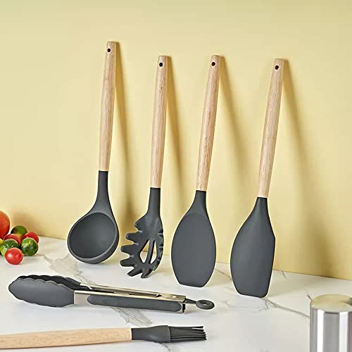 Karangred 12Pcs Silicone Cooking Kitchen Utensils Set with Holder,Wooden Handles Cooking Tool,BPA Free,Non Toxic Turner Tongs Spatula Spoon Kitchen Gadgets Set for Nonstick Cookware (Black)