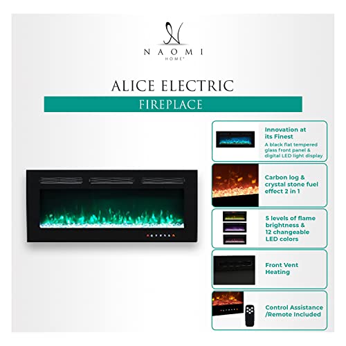 Naomi Home Electric Fire Place Heater for The Wall Mount, Living Room Black 50 inches/12 Flame Colors