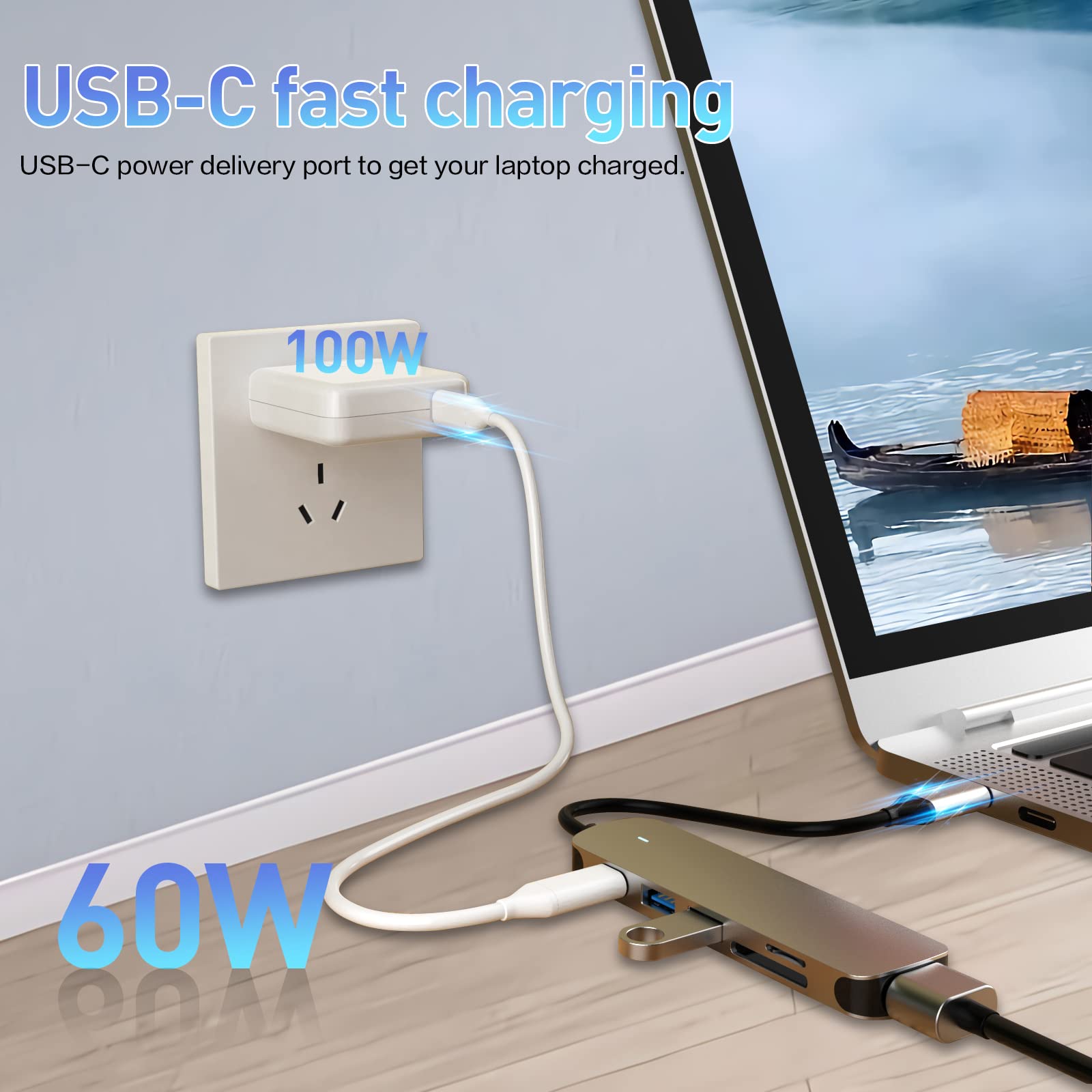 USB C HUB, Docking Station 6 in 1 with USB 3.0 Port, USB-C Port/PD, 4K HDMI and SD/TF Card Reader, USB C Adapter Compatible with MacBook Pro/Air Laptops and Other Type-C Devices