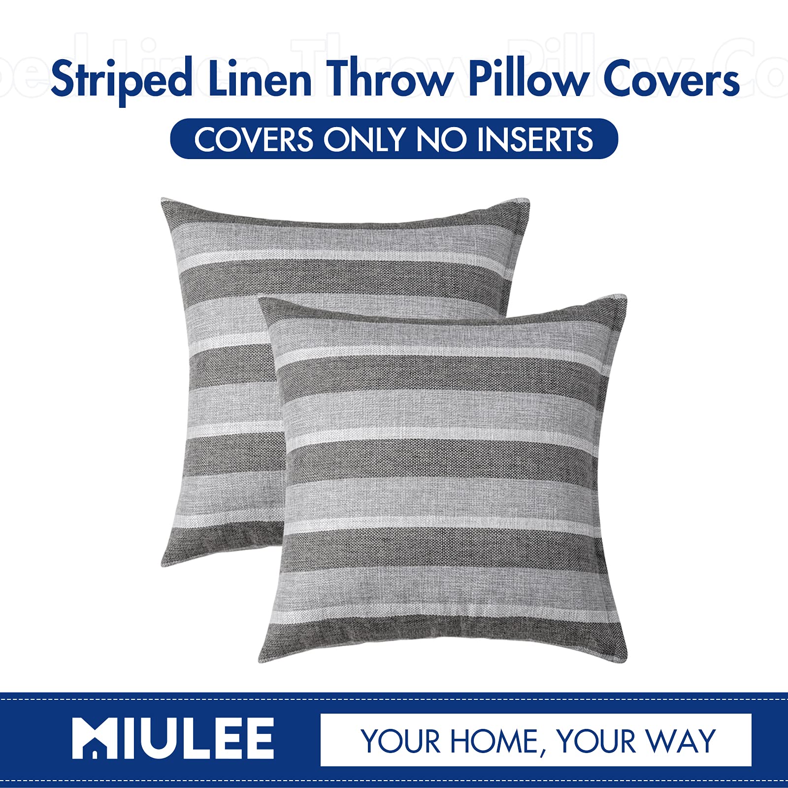 MIULEE Decorative Striped Throw Pillows Covers Classic Retro Linen Modern Farmhouse Pillow Cases for Couch Living Room Sofa Set of 2, 16x16 Inch Light Grey