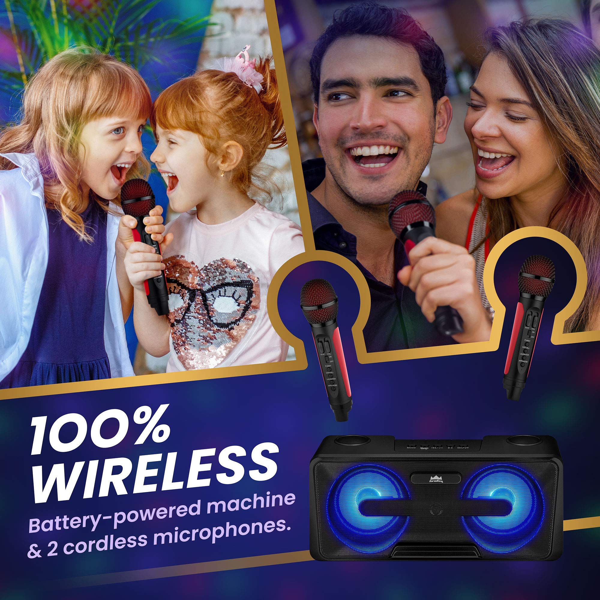 KaraoKing New 2020 Karaoke Machine – for Adults and Kids – 2 Wireless Karaoke Microphone, SD Card, USB, Bluetooth Compatible, LED Lights – Home, Bachelor Party, Picnic, Outdoor/Indoor [G301 Black]