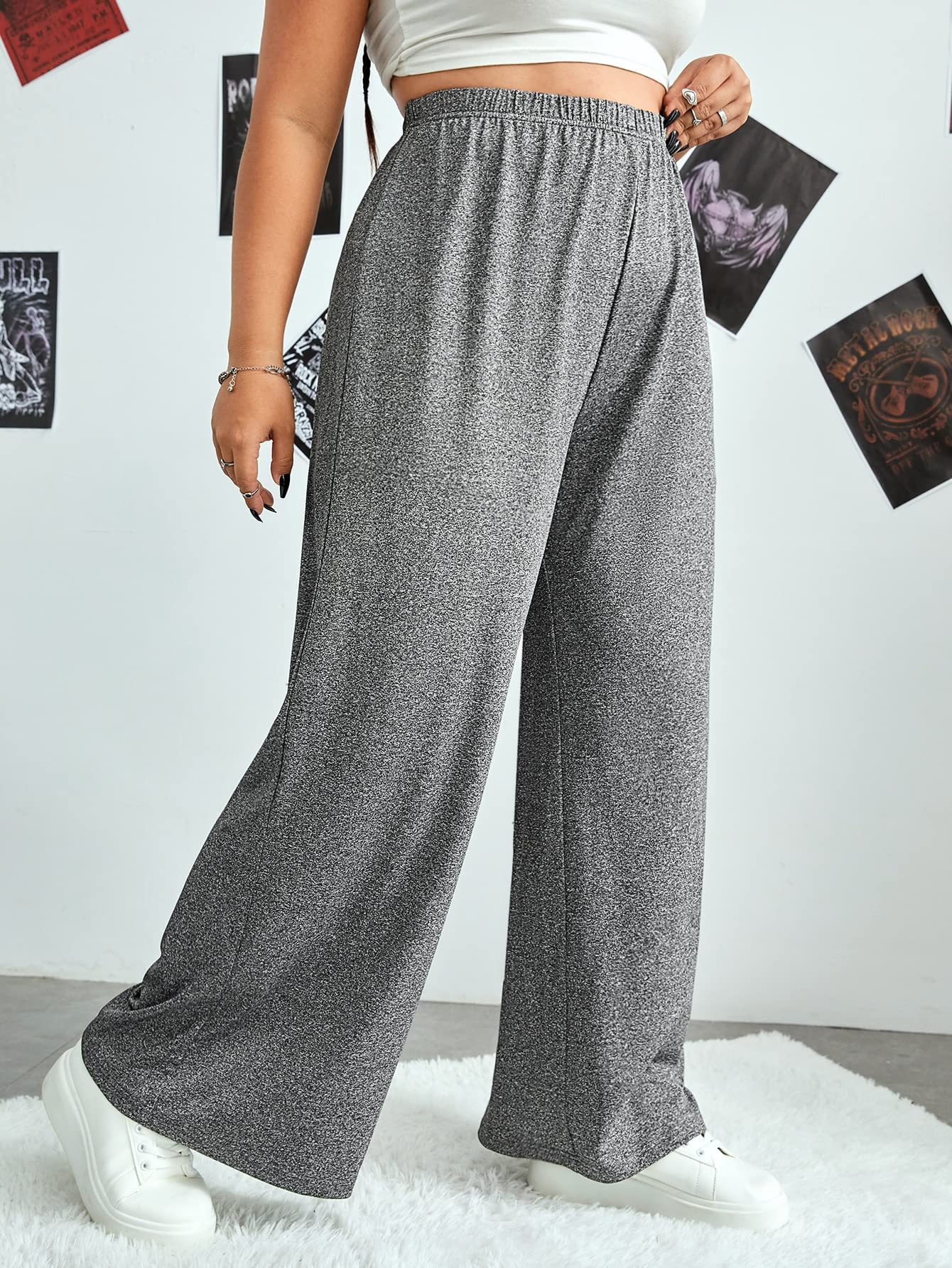 OYOANGLE Women's Plus Size High Elastic Waist Wide Leg Pants Casual Loose Yoga Pants Grey 1XL
