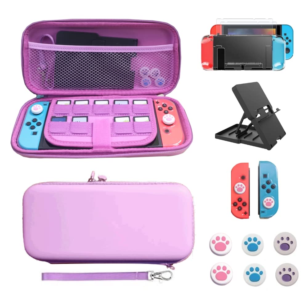 Switch Accessories Bundle, Peniobnm 13 in 1 Switch Accessories Kit Includes Switch Case, Adjustable Stand, 2 Tempered Glass Screen Protectors, Crystal Case for Console, 6 Thumb Grip Caps, Purple