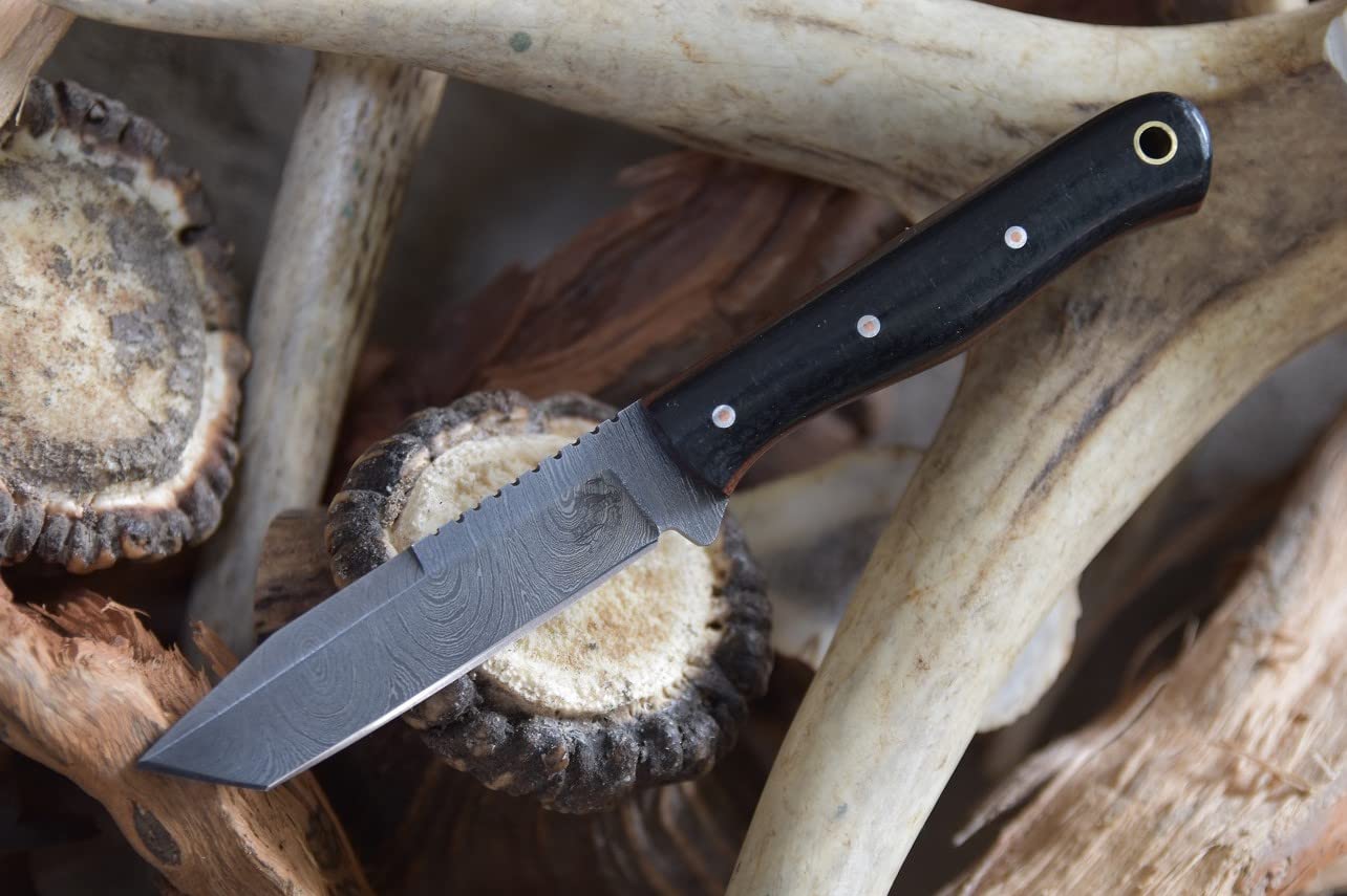 Knives Ranch ECD Fixed Blade Knife, Tanto Point, Damascus Steel, Black Burlap Micarta Handle Fine Quality 45 Degree Sheath Snug Fit (3184-M)