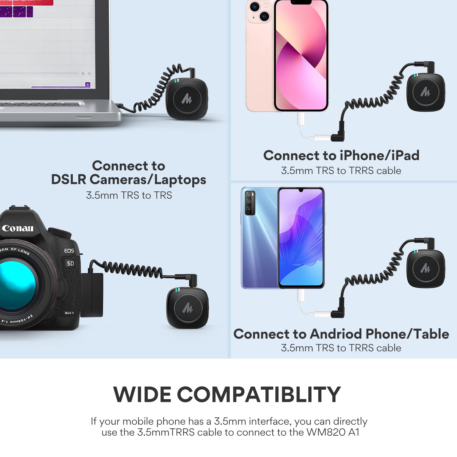 MAONO Compact Wireless Lavalier Microphone, 2.4GHz Dual Lapel Mics with Real-time Monitoring, Gain Adjustment and Mute for Interview, Vlogging, Live Streaming, Phone, Camera (WM820 A1)