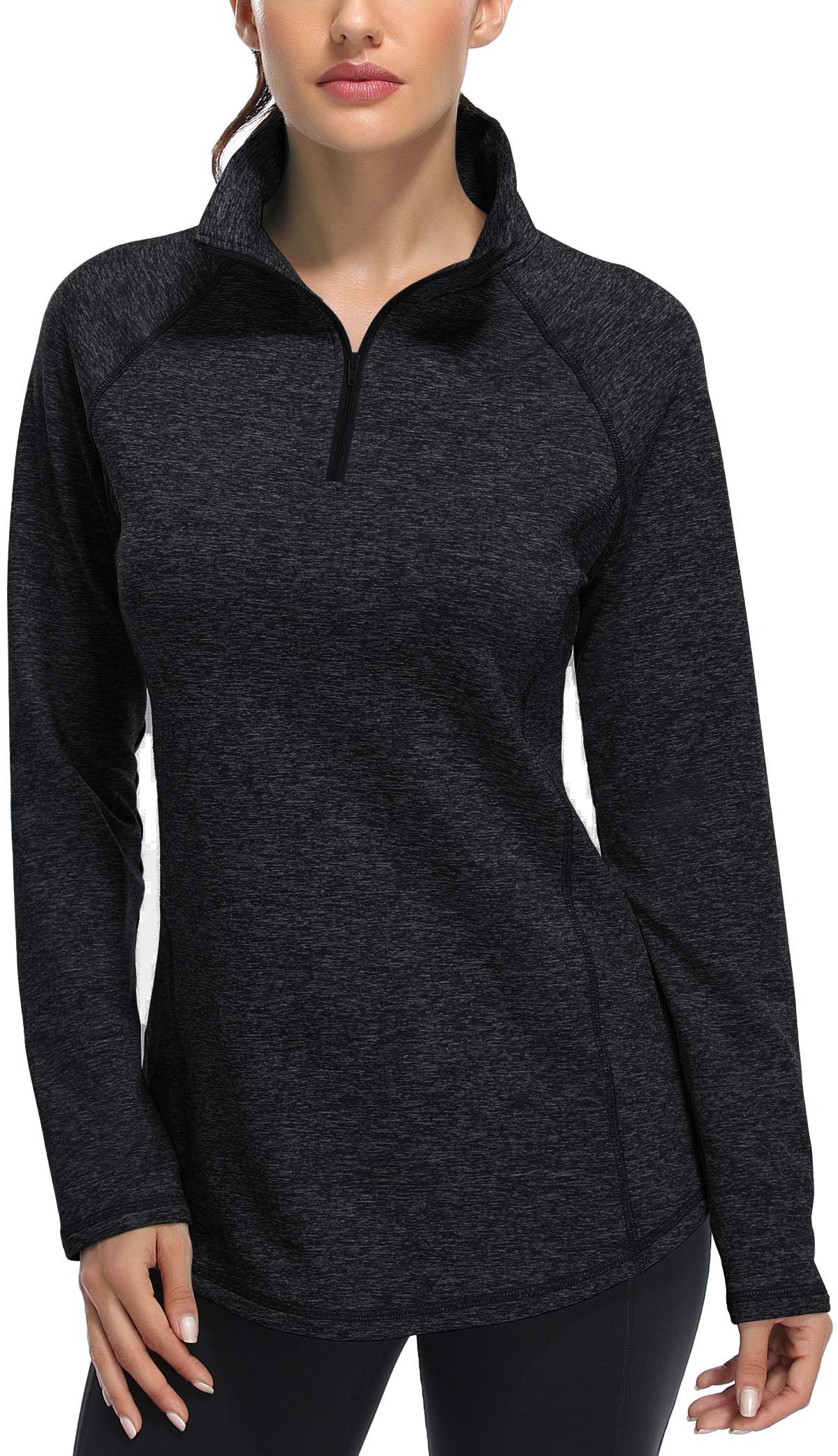 Miusey Long Sleeve Workout Tops for Women to Wear with Leggings,Ladies Hiking T-Shirt with Zipper Classy Plain Quick Drying Polo Pullover Stretch Athletic Pilates Cycling Tee Black2 M