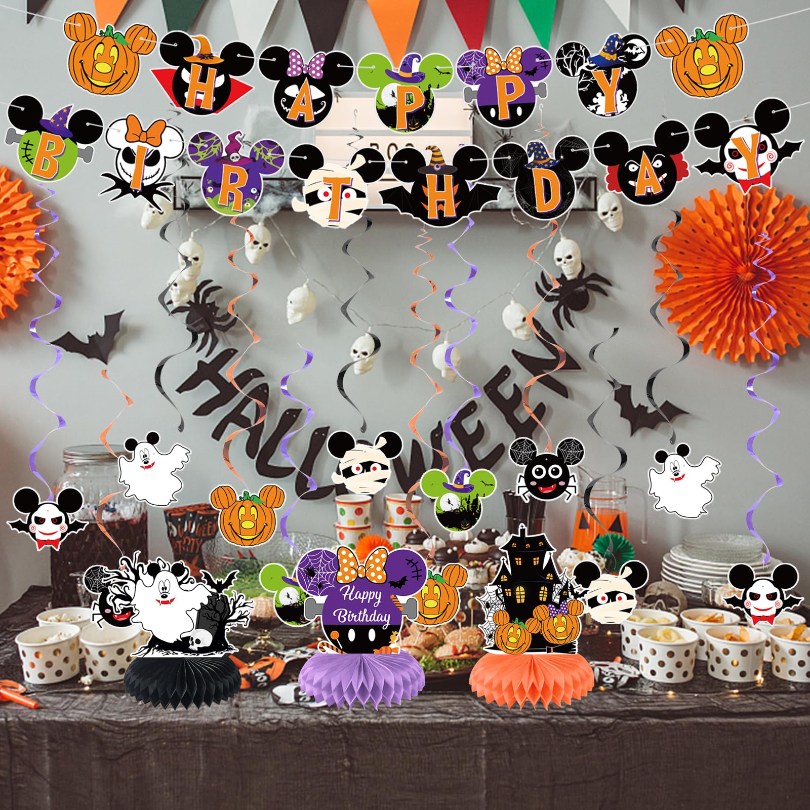 Mouse Halloween Happy Birthday Banners with Hanging Swirls,Ghost Mouse Birthday Decorations for Mouse Theme Halloween Party Birthday Party Decorations