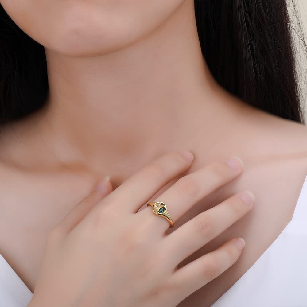 PHNIBIRD Gold Rings for Women with Emerald Green Waterdrop Shape CZ and Octopus Stars