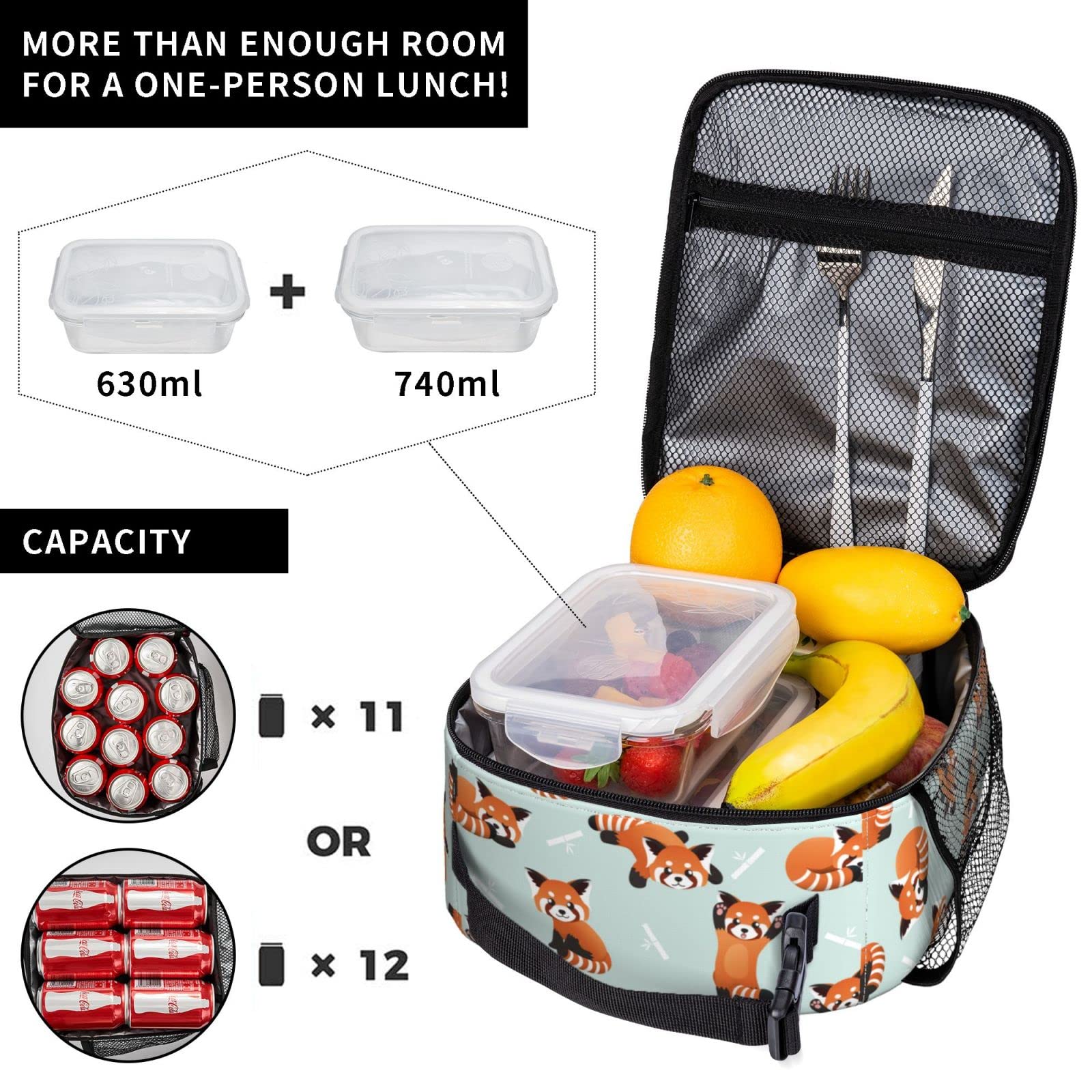 tiehrpr Cute Red Panda Reusable Insulated Lunch Box Cooler Tote Bag Unisex Handle Lunchbox For Office/Hiking/Camping/Picnic/Beach