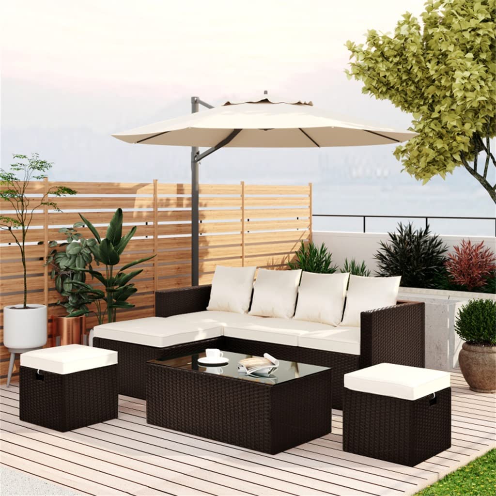 LHLLHL 5 Piece Patio Furniture PE Rattan Wicker Combo Recliner Sofa Set with Glass Table and Adjustable Chairs