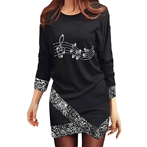 Pinkpaopao Irregular Hem Loose Dress for Women Patchwork Long Sleeve Mini Dress Rhinestone Pattern O Neck Shift Dress