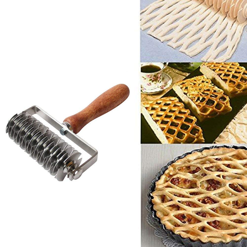 Stainless Steel Dough Lattice Top Cookie Pie Pizza Bread Pastry Crust Roller Cutter,Wood Handle