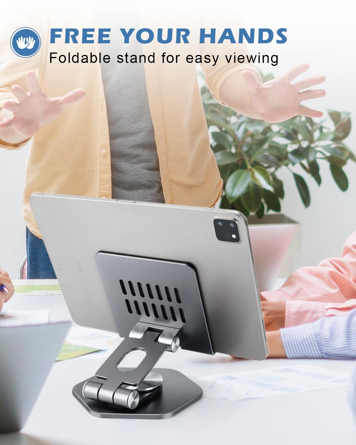 SOJUNER Tablet Stand Holder for Desk, Swivel iPad Stand with 360 Rotating Base, Aluminum Foldable Desktop Stand Holder Compatible with All Tablet Such as iPad Pro 12.9,11,10.5,9.7, Grey