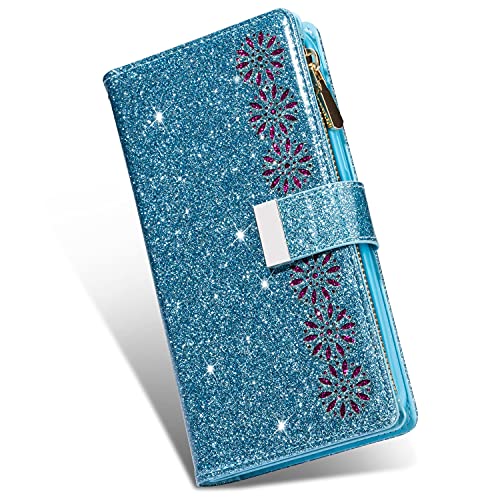 Phone Protective Case For Samsung Galaxy S22 Ultra Phone Case Multi-card Slots Starry Sky Laser Carving Glitter Zipper Horizontal Flip Leather Case Holder Shockproof And Scratch-proof Case, For Samsun