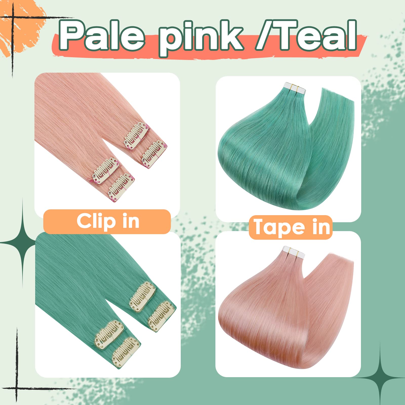 Ugeat Clip in Extensions 12 Inch Real Human Hair Extensions Teal Hair Extensions Clip in 16 Grams Per Pack Colored Clip in Hair Extensions 4Pcs