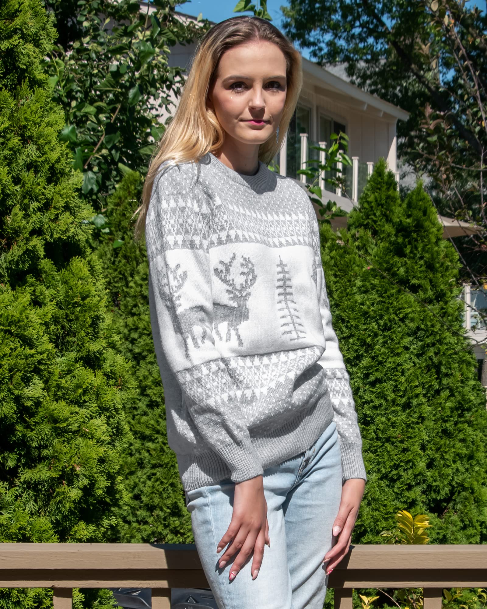LookbookStore Women's Grey Long Sleeves Ugly Christmas Tree Reindeer Winter Holiday Knit Sweater Pullover Size S 4 6