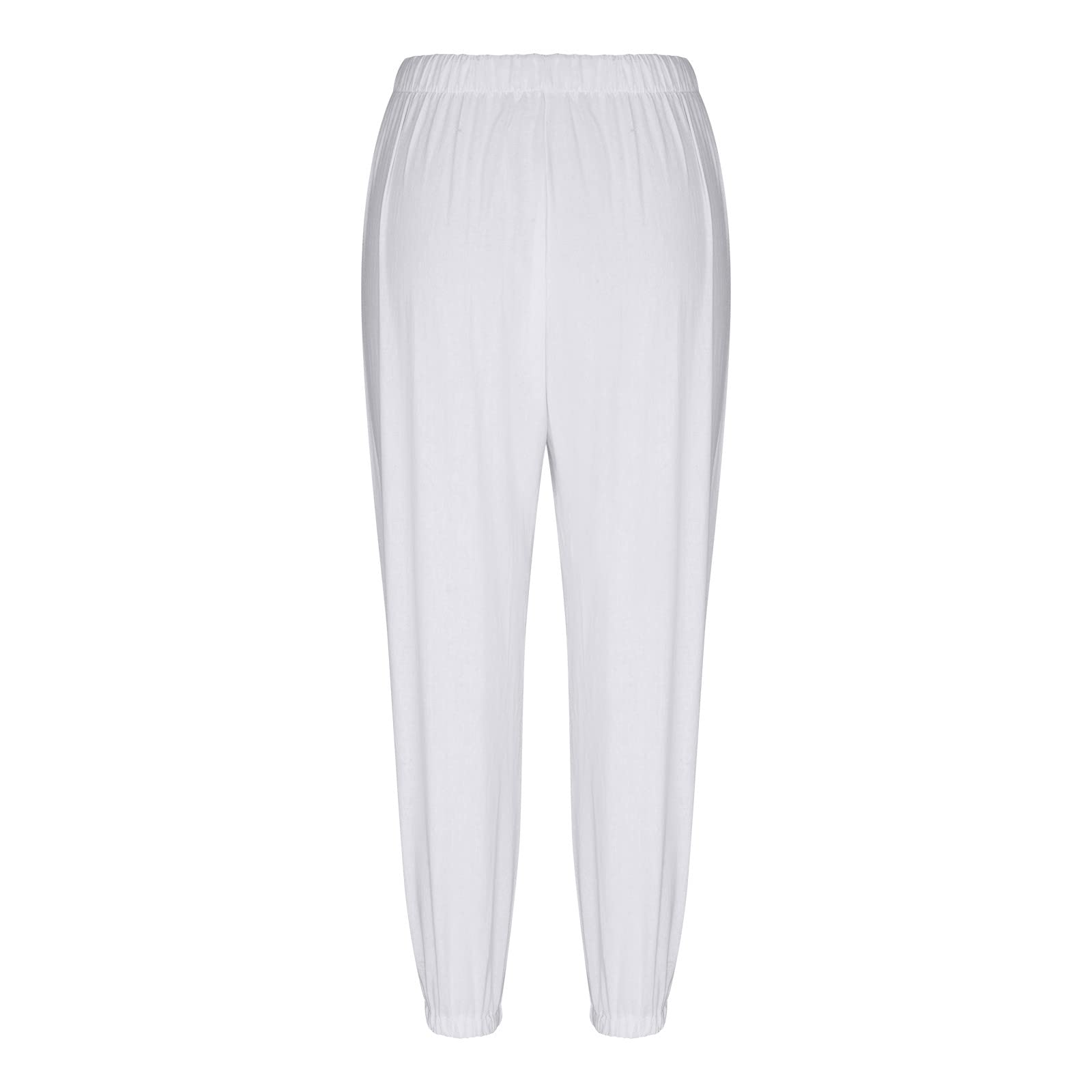 SUNYUAN Elastic Tie-up Waist Women's Trouses Comfy Cotton and Linen Ninth Pants with Pockets Summer Casual Button Front Pants White