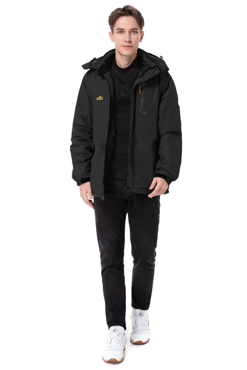 Men's Mountain Waterproof Ski Jacket Windproof Rain Jacket Winter Warm Snow Coat II with Removable Hood U120WCFY028,Black,L
