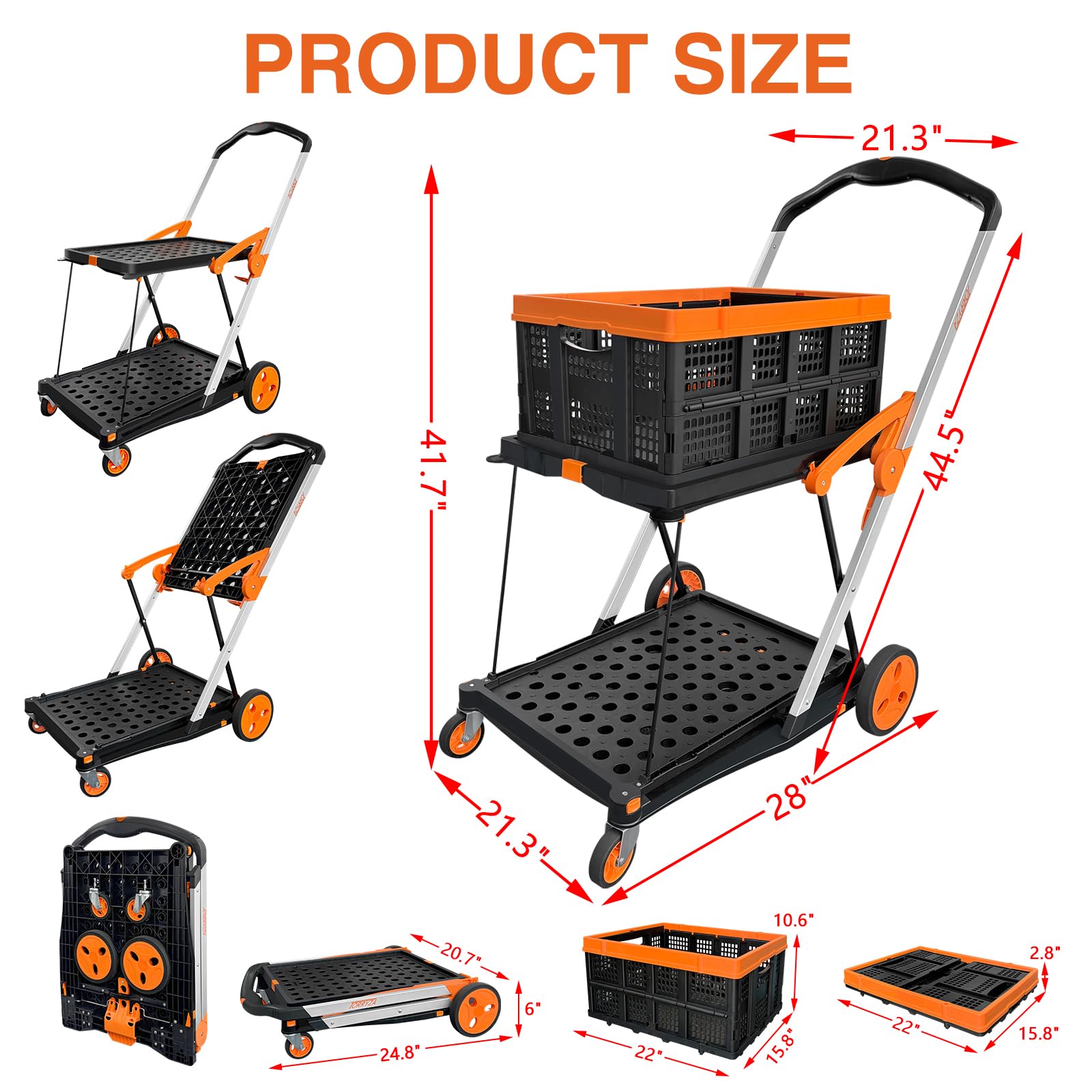 TORRYZA Foldable Shopping Cart with Wheels,Mobile Folding Trolley, Multi use Functional Collapsible Carts,360°Swivel Wheels,Utility Cart with Storage Crate,Shopping Cart, Red