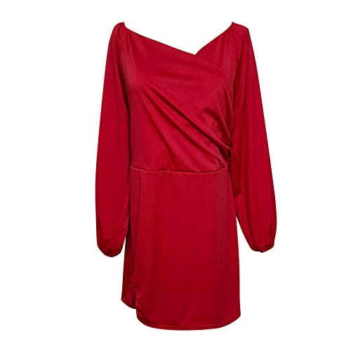 Pinkpaopao Solid Color Party Dress for Women Balloon Long Sleeve Ruched Patchwork Loose Shift Dress Mini Dress