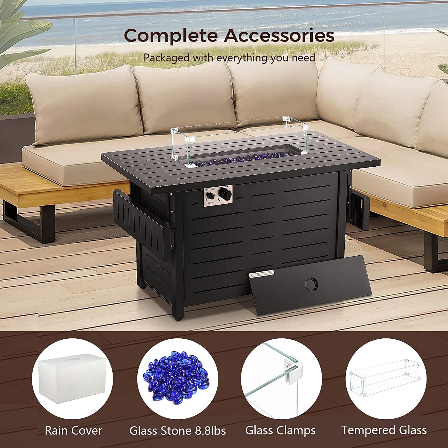 Kismile 54in Propane fire Pit Table, 50,000BTU Gas fire Pit Table with Lid, Cover, Tempered Glass Wind Guard,Foldable Table,Steel Fire pits for Outside Garden, Backyard,Patio,Black