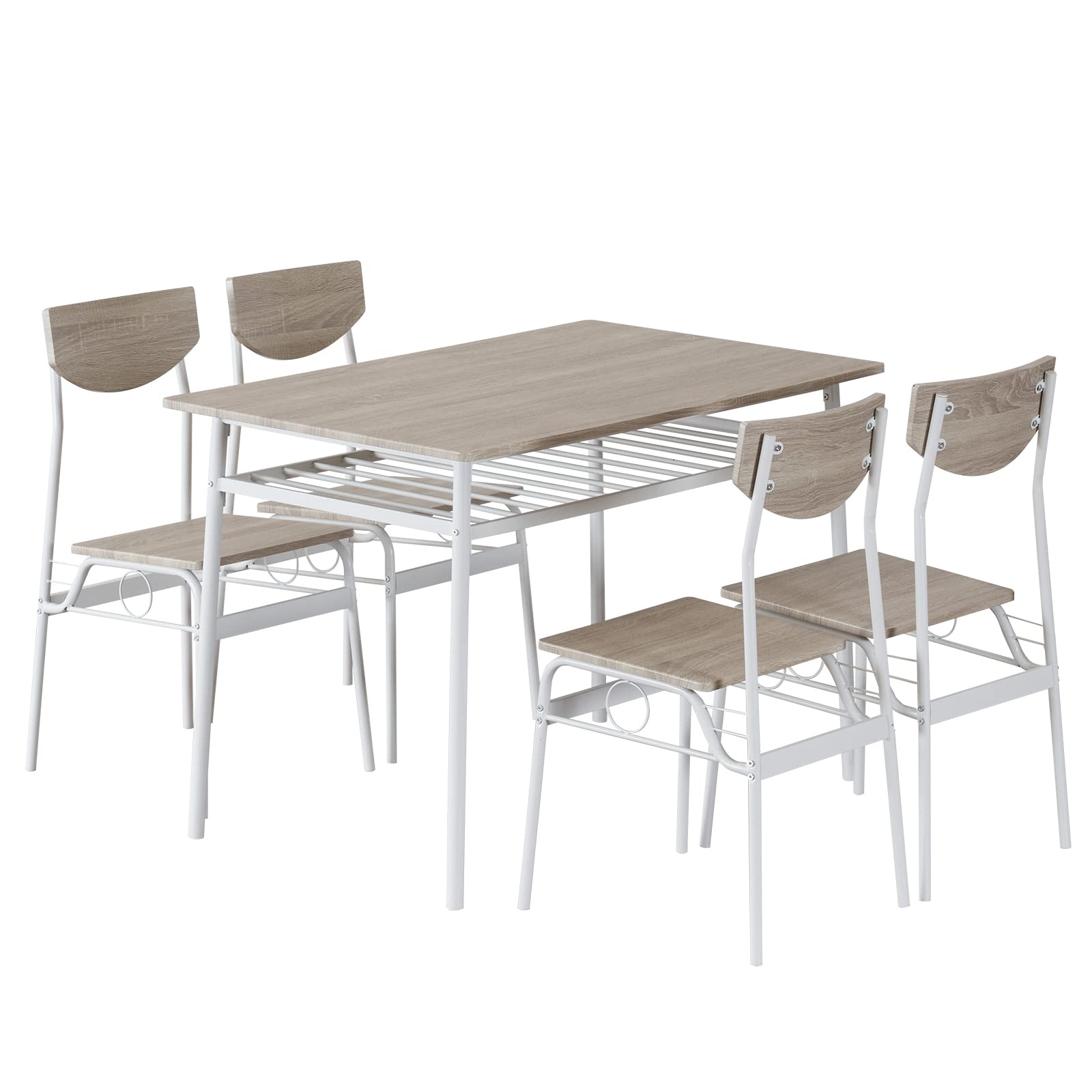 Karl home 5-Piece Dining Table Set for 4, Rectangular Table and 4 Chairs, Farmhouse Table Set for Kitchen & Dining Room, Industrial Metal Frame & Storage Rack, Save Space (White)