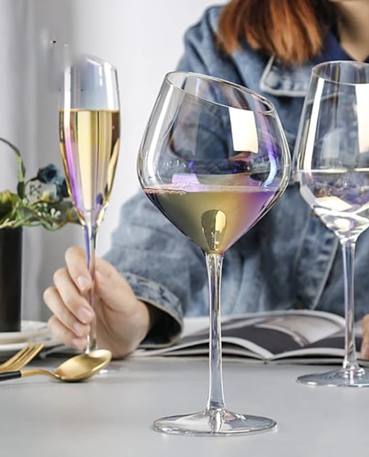 Luxrify Enhance Your Wine Experience Iridescent Wine Glasses - Premium Quality, Unique Design at Rim, Long Stemware, Hand-Blown & Perfect for Wine Lovers, Colored Stemware (Set Of 6)