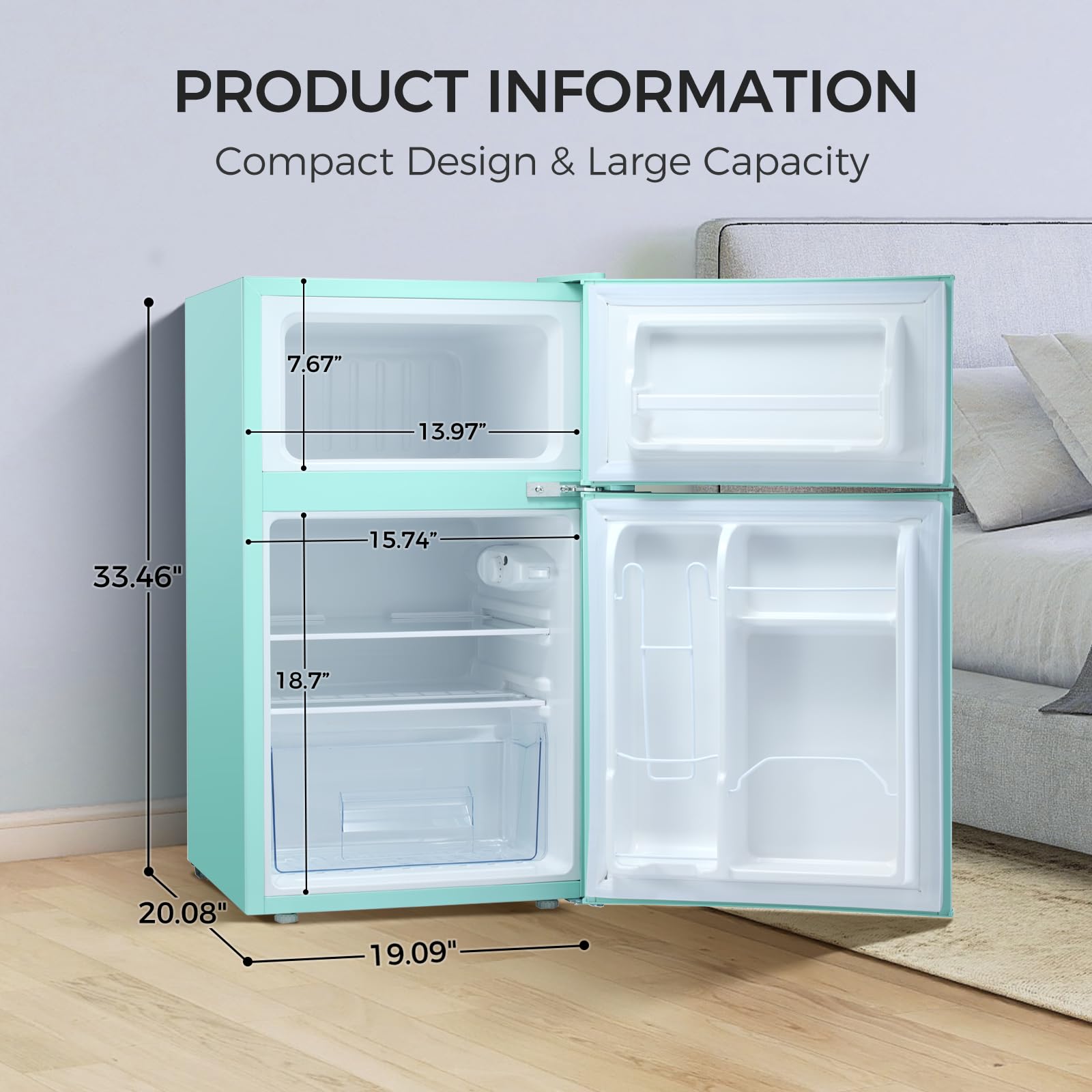 Kismile 3.2 Cu.Ft Mini Fridge with Freezer,Freestanding Compact Refrigerator with Freezer,Adjustable Temperature,2 Door Mini Fridge for Home,Office,Dorm or RV, Apartment-Food Storage or Drink Beer