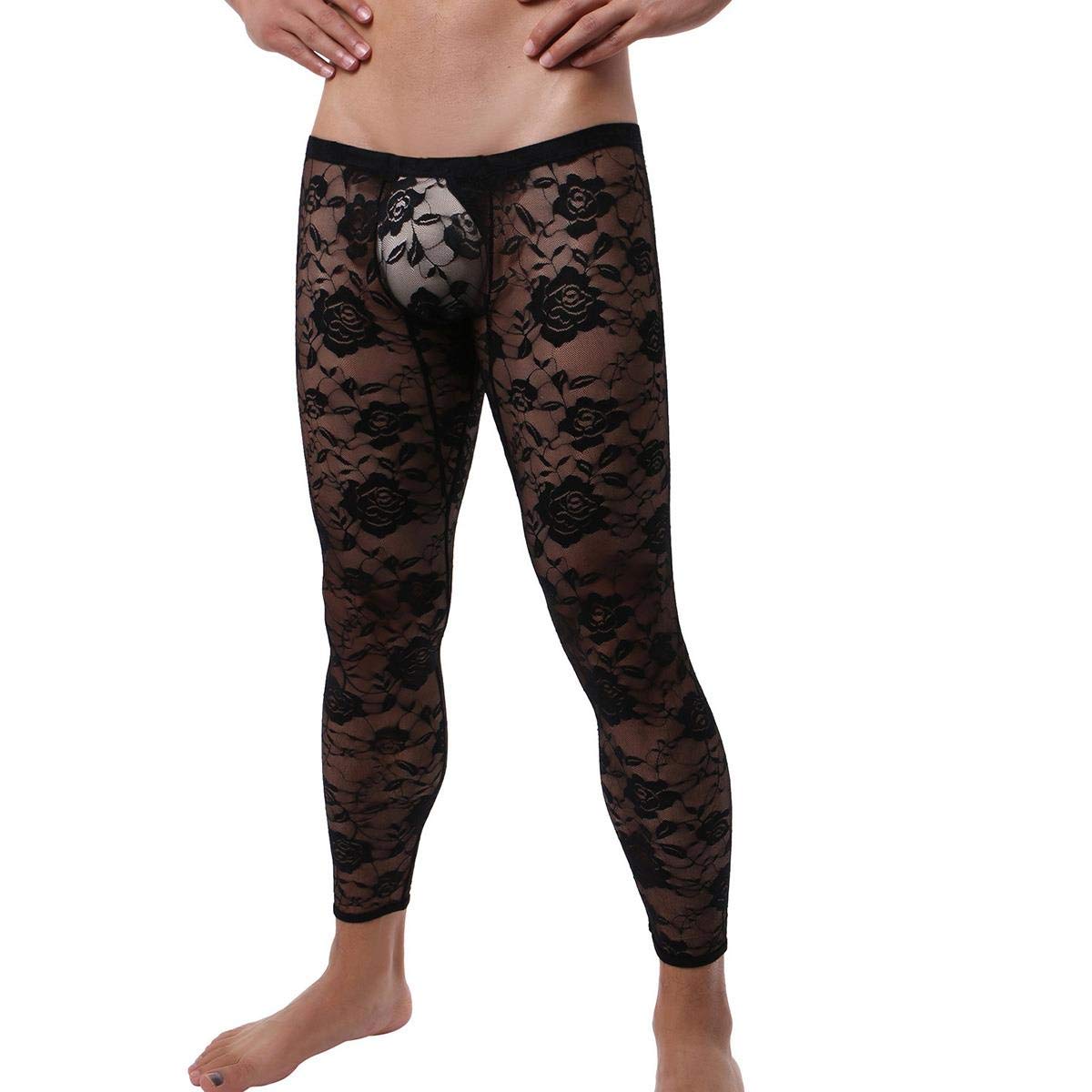 Men's Sissy Floral Lace Sheer Mesh Long Pants Leggings Low Rise Semi See Through Transparent Long Johns Tights Black Small