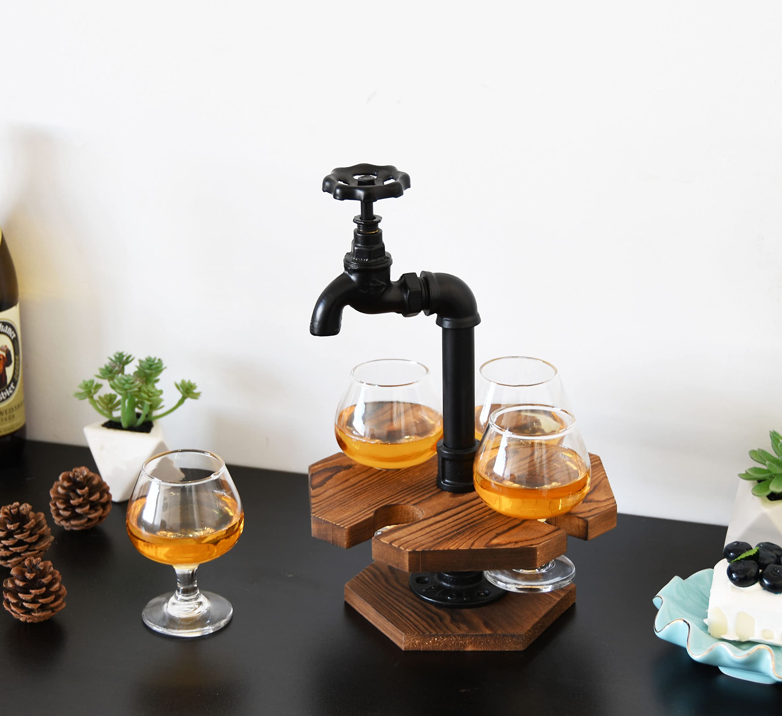 Owlgift Industrial Pipe & Burnt Wood Beer/Whiskey Flight Set with 4 Glasses, Cast Iron Faucet Spigot Design