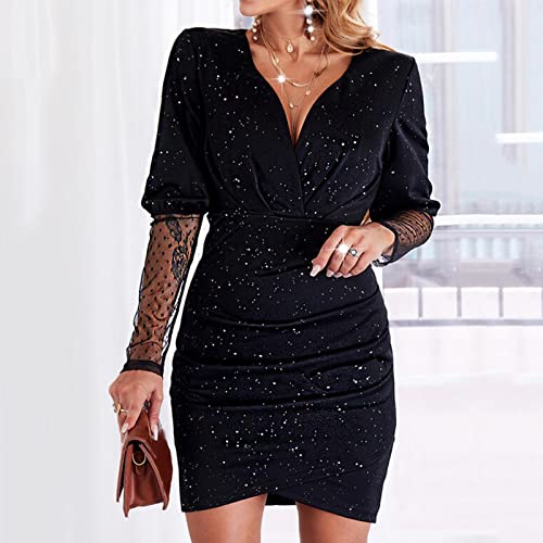 Pinkpaopao Women Ruched Prom Dress Deep V-Neck Half Mesh Splicing Long Sleeve Sequins Mini Dress