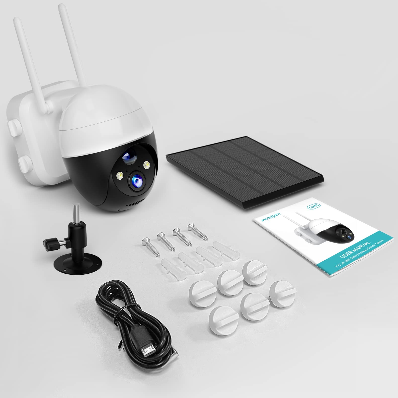 Solar Security Camera Outdoor, 2K Color Night Vision, 2.4Ghz WiFi 360° PTZ Camera, Battery Powered Camera for Home Security, PIR Human Detect with Spotlight, 2-Way Talk, IP66, SD/Cloud