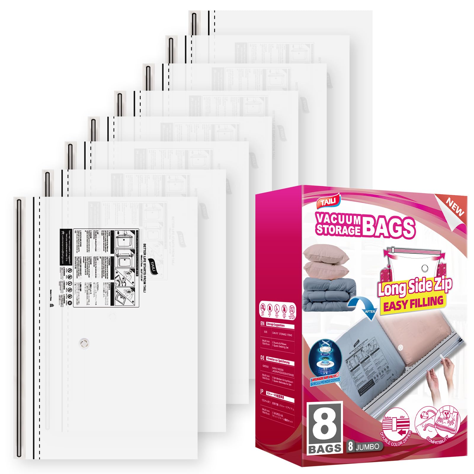 TAILI Long Side Zip - 8 Extra Large Vacuum Storage Bags for Bedding for Towels, Blankets, Pillows or Clothes-Space Saver Vacuum Seal Bags for Clothing Ideal Under Bed Storage Solution
