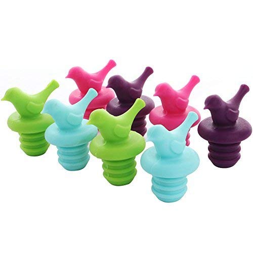 ScivoKaval Little Bird Silicone Wine Bottle Stopper Kit, Silicone Bottle Cork Set of 8, Assorted Color Green Blue Pink and Purple
