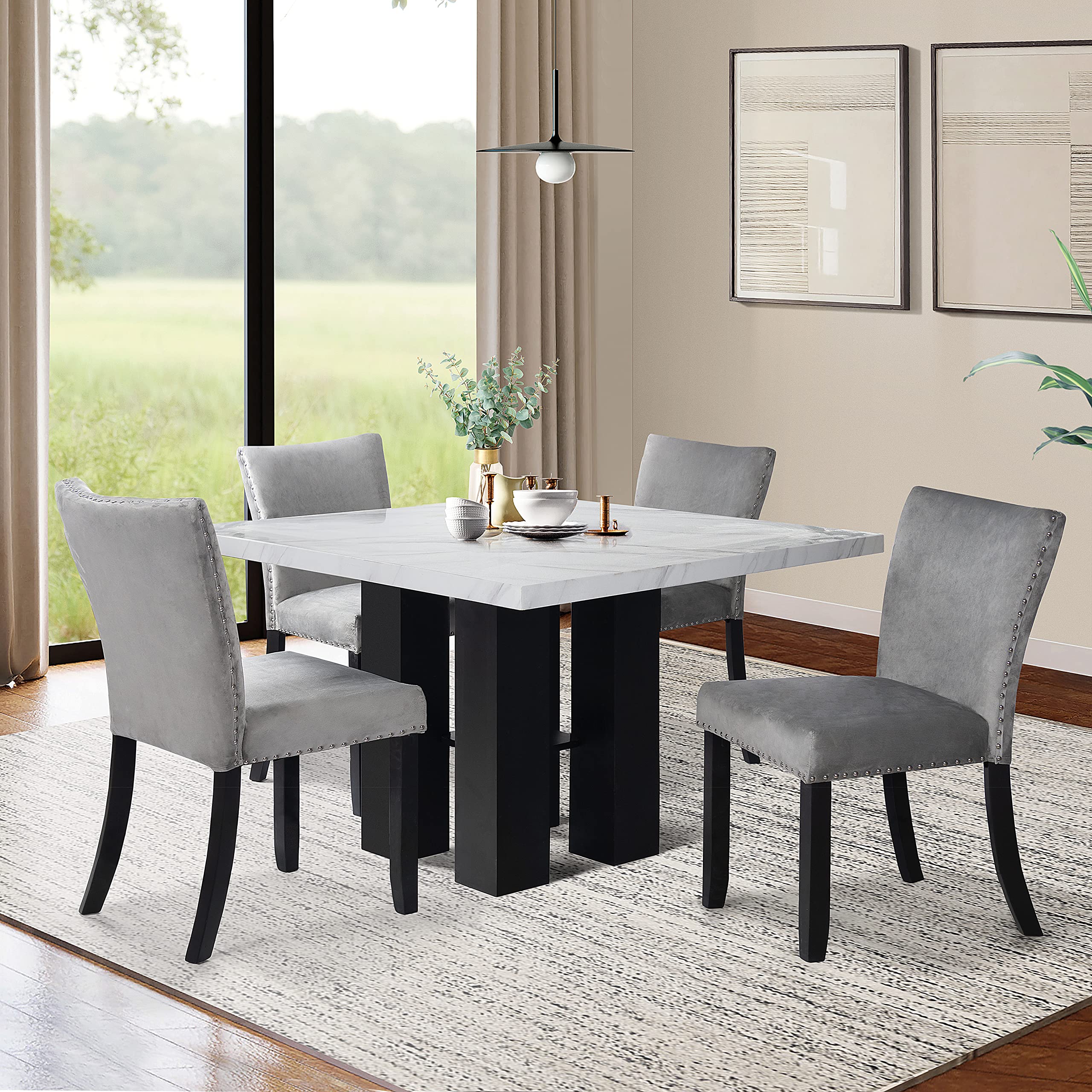 Liveasy Furniture 5-Piece Faux Marble and Wooden Dining Table and Nail Head Trim Dining Chairs, Dining Sets for 4 (Grey)