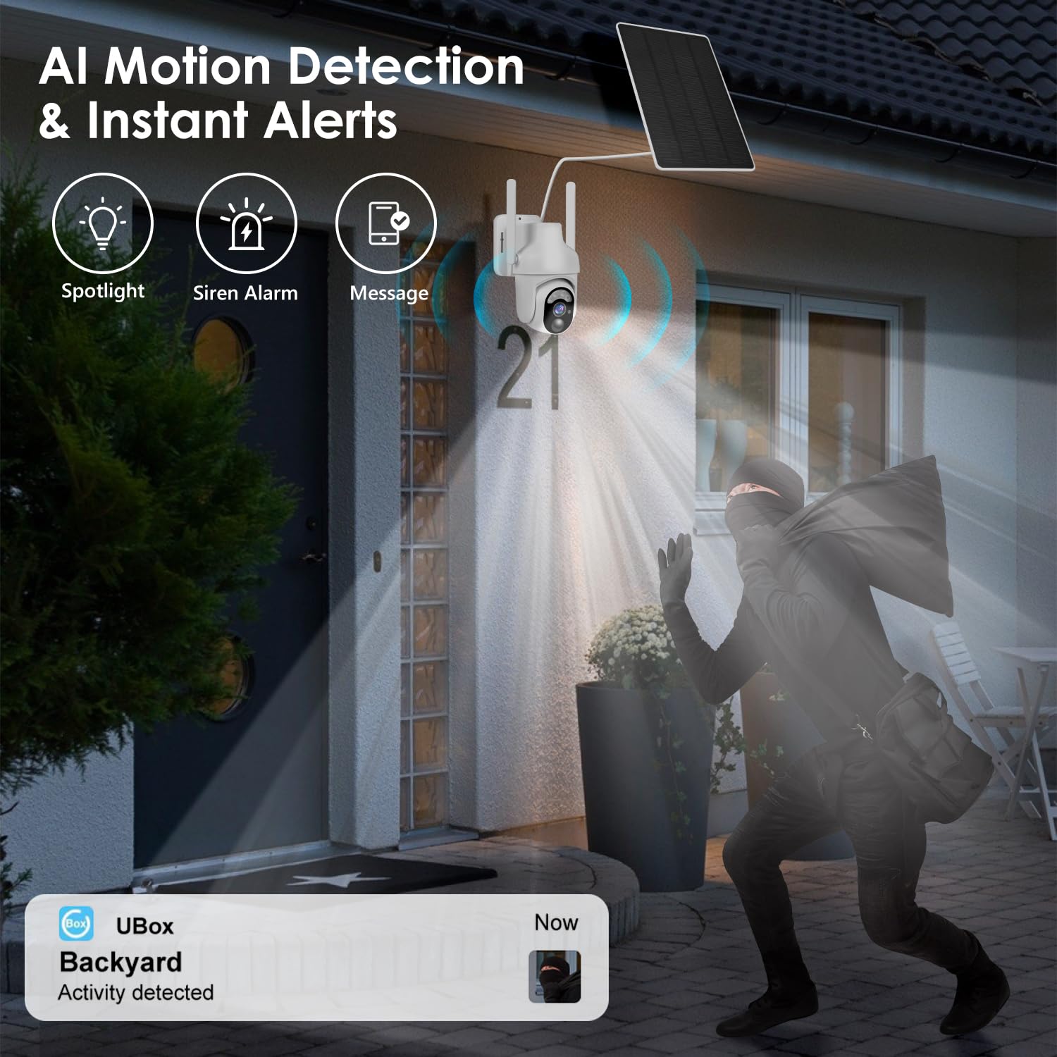 Solar Security Cameras Wireless Outdoor, Pan-Tilt Outdoor Camera Wireless, 3MP Color Night Vision, 2-Way Talk, Motion Detection, Spotlight/Siren, IP65, Cloud/SD WiFi 360°PTZ Battery Powered Camera