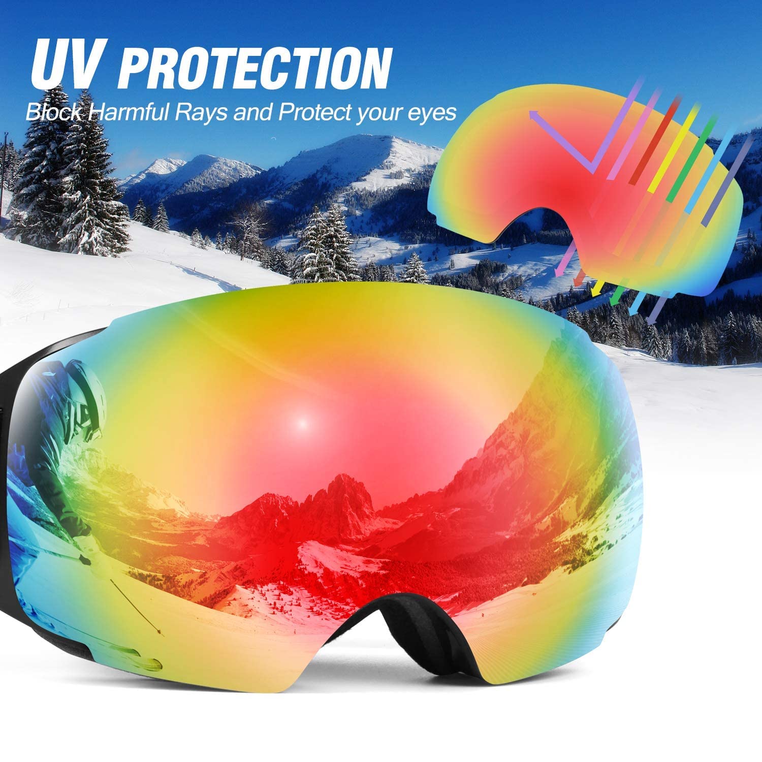 Odoland Bundle - Magnetic Interchangeable Ski Goggles with 2 Lens and Ice Cleats Traction with Leg Gaiters Blue