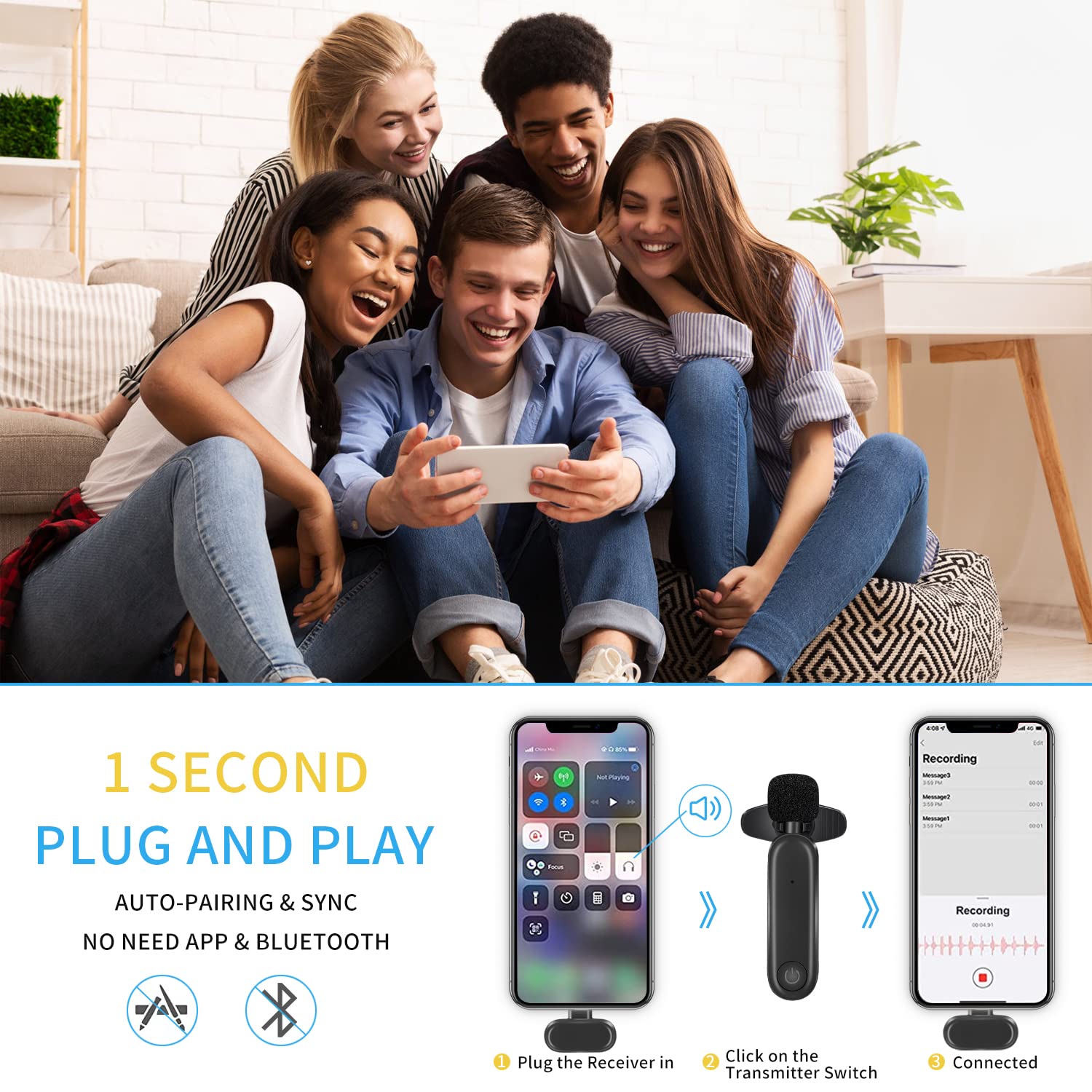 Oney world Wireless Lavalier Microphone, Lapel Mic, Suitable for Smartphone, use it to Record Video, Live on Facebook, Tiktok, YouTube Platforms. Plug and Play with 2 Noise-Cancelling Microphones