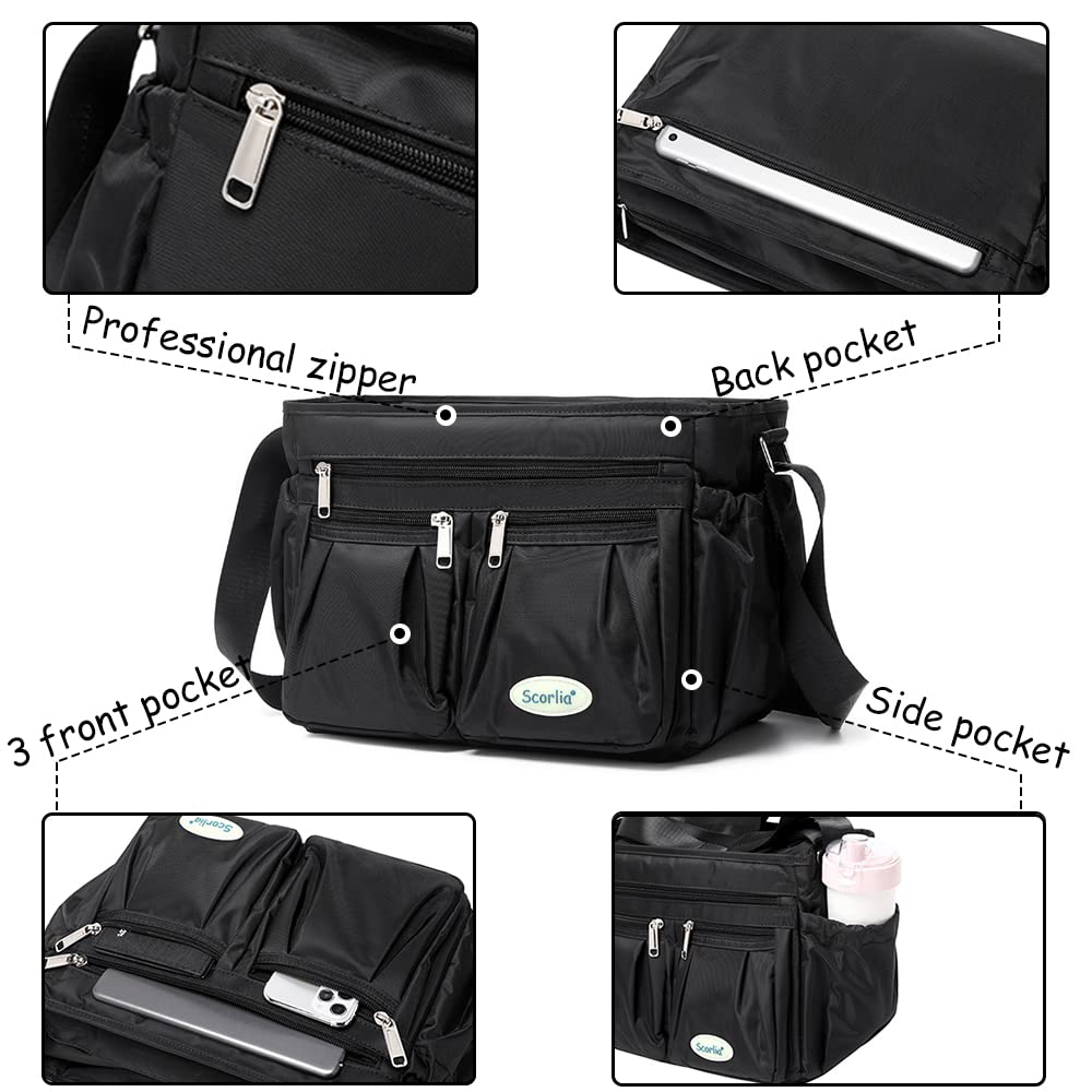 Scorlia Insulated Lunch Bag for Women/Men, Large Leakproof Cooler Box, Reusable Lunch Organizer with Side Pockets, Durable One Shoulder Crossbody Lunch Bag for Work, Picnic, Beach, Black