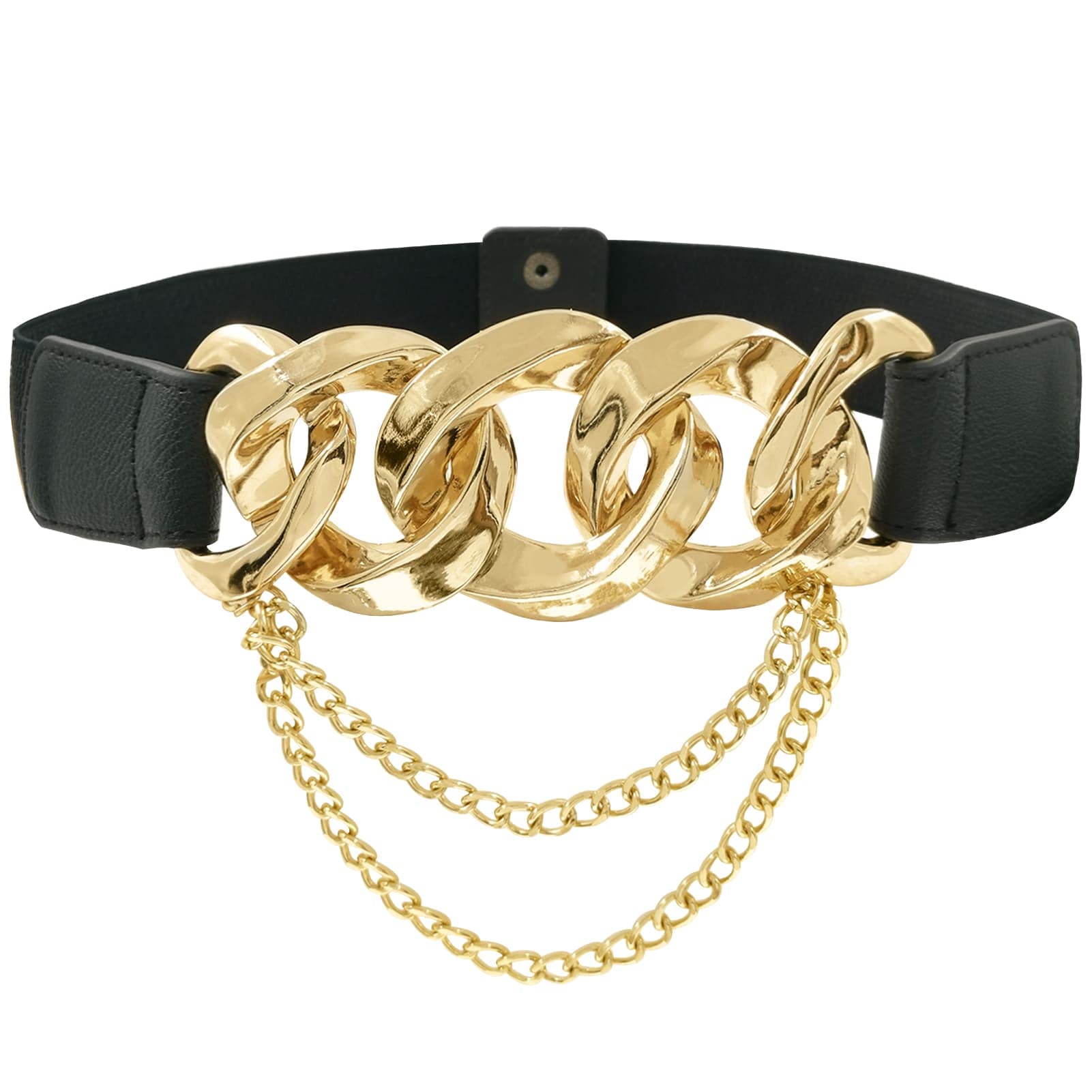 Pinra Leather Elastic Belts for Women Punk Stretchy Chain Belts Thick Black Belt with Gold Chain for Dress 70cm